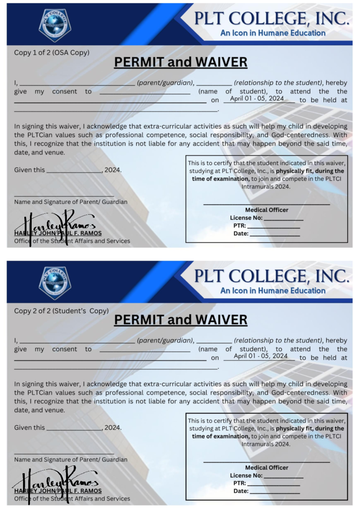 Waiver and Permit Intrams 2024 - COLL A CO PLT COLLEGE, INC. An Icon in ...