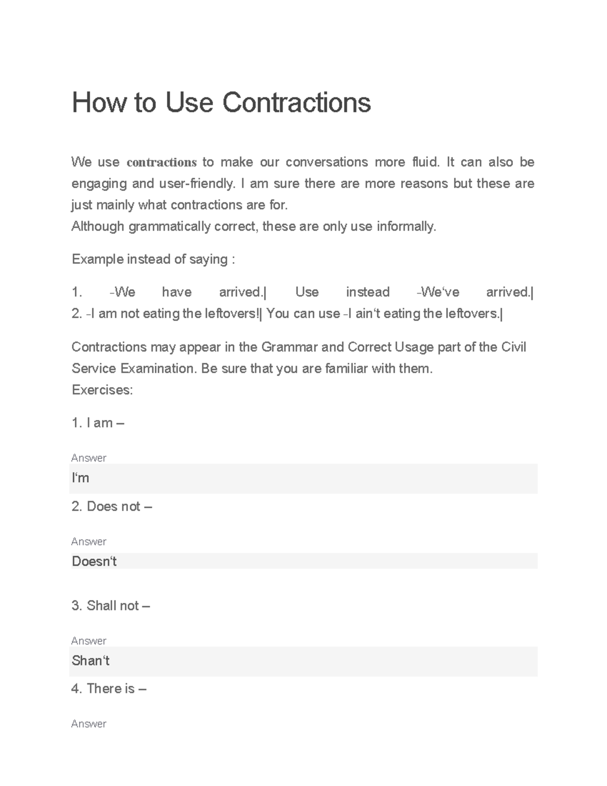 English lesson 3 - How to Use Contractions We use contractions to make ...