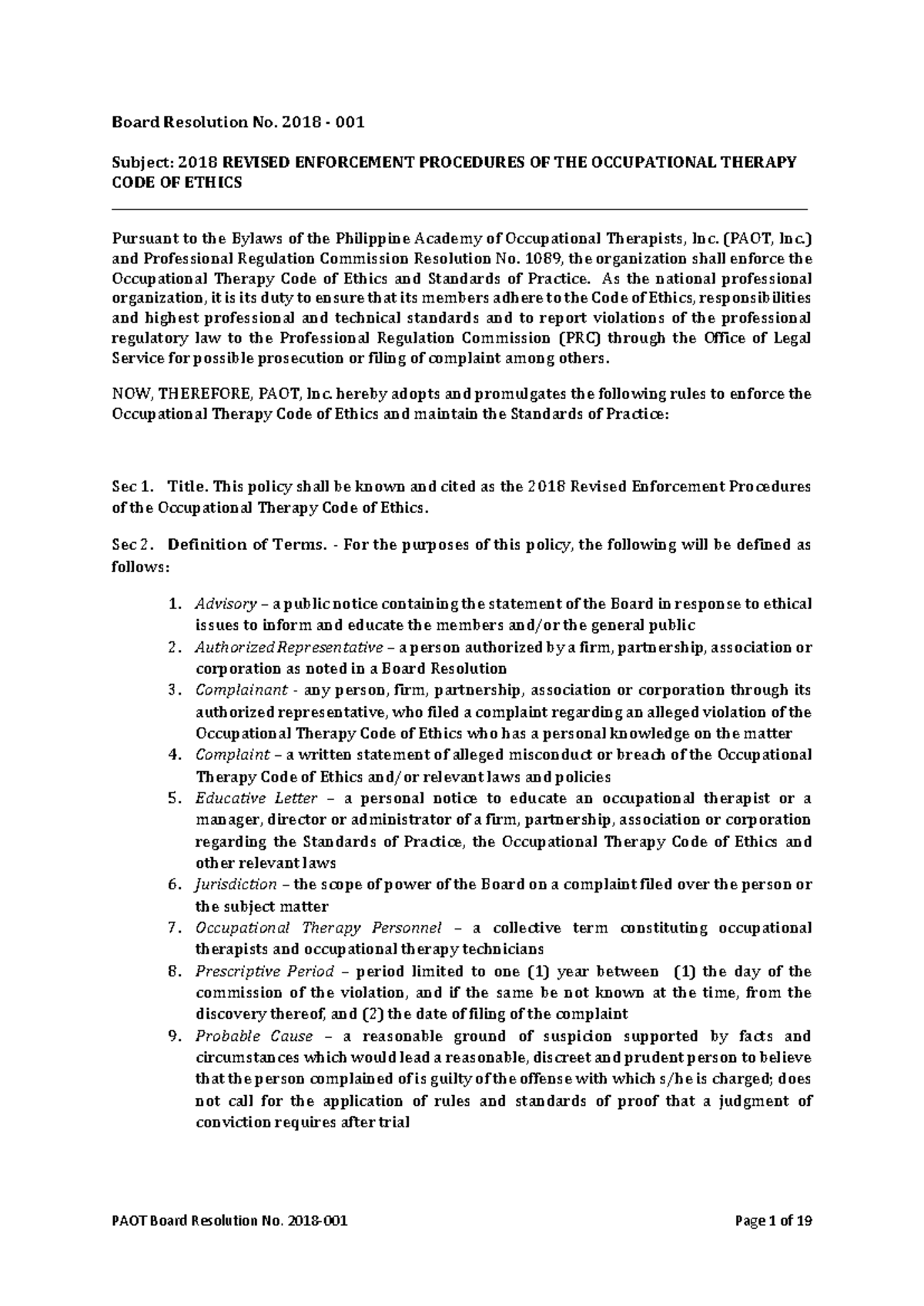 BR 2018 001 Revised Enforcement Procedures - Board Resolution No. 2018 ...