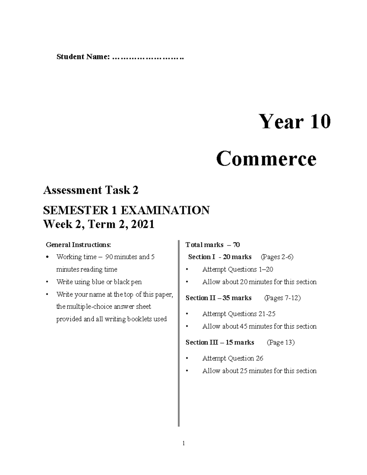 commerce legal prac test - Student Name ...