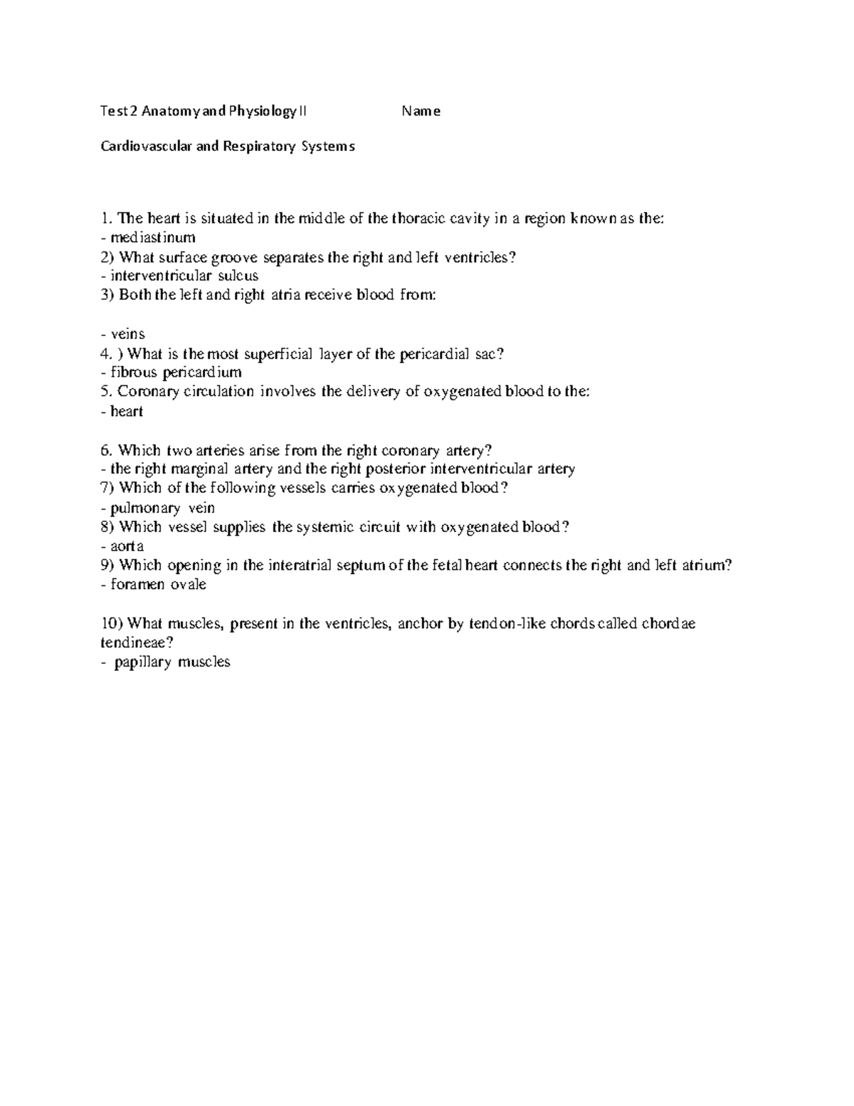 Answer key for test 2 Anatomy - Test 2 Anatomy and Physiology II Name ...