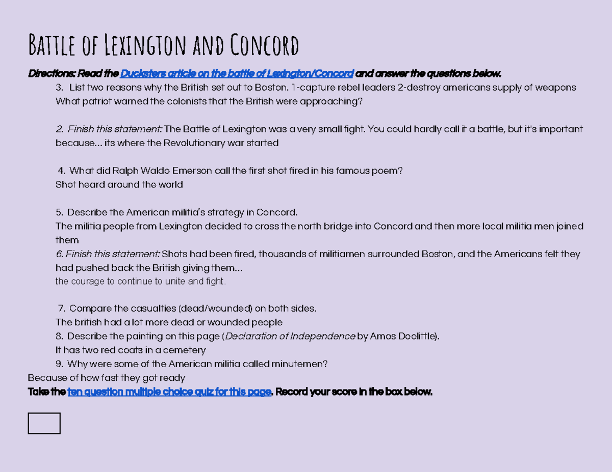 Battle of Lexington Concord Web Quest - Battle of Lexington and Concord ...