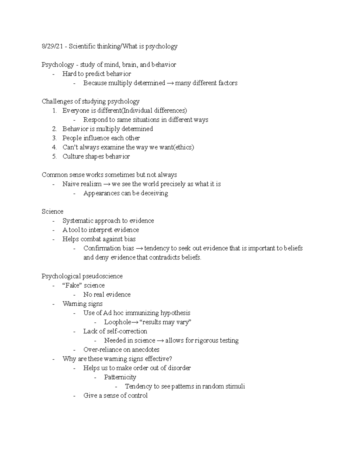 Psyc 111 notes-Quiz 1 - Psyc notes ELizabeth Kim - 8/29/21 - Scientific ...