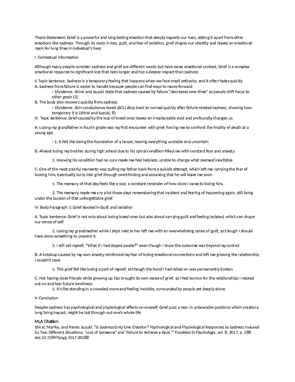 Outline - Sad vs grief - Thesis Statement: Grief is a powerful and long ...