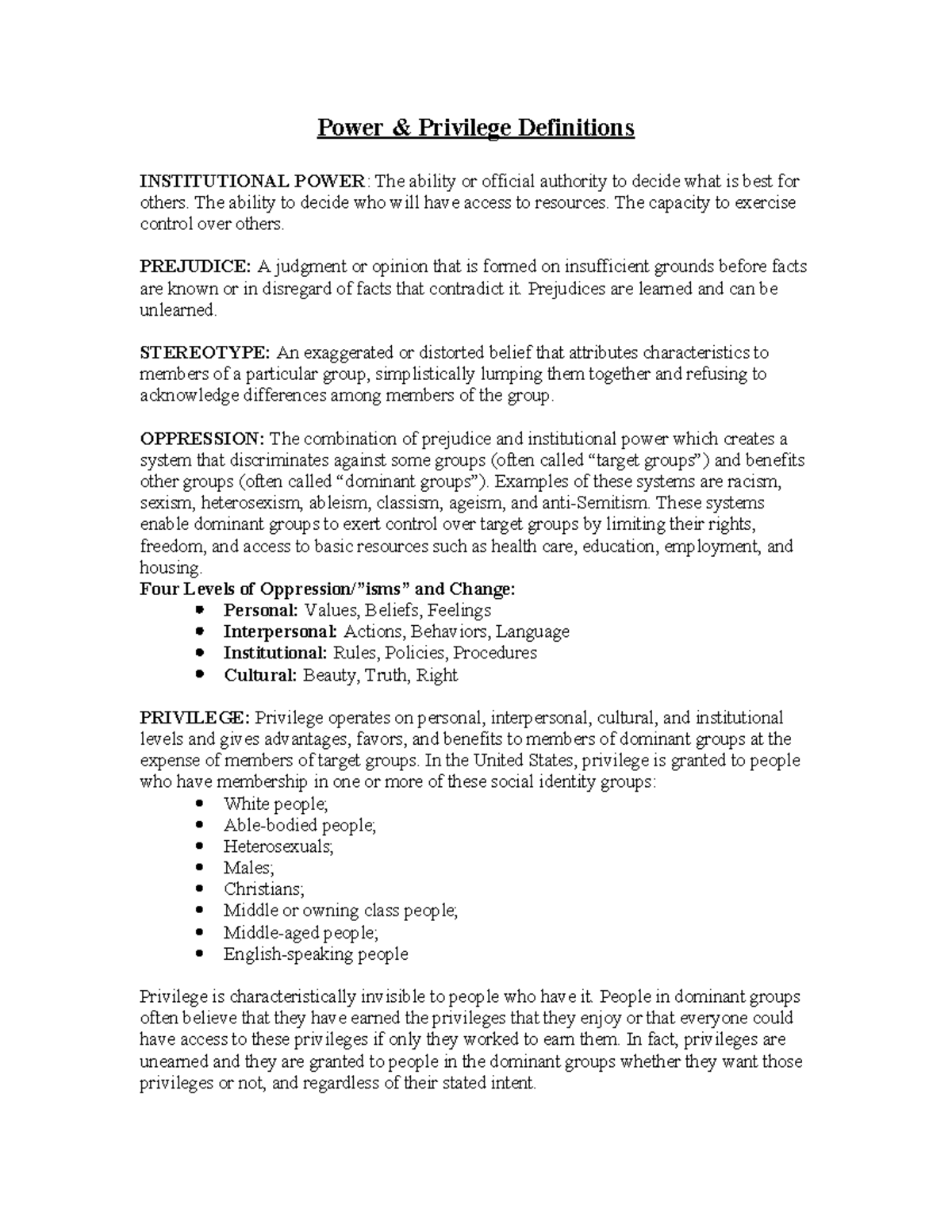 Understanding Privilege and Oppression Handout - Power & Privilege ...