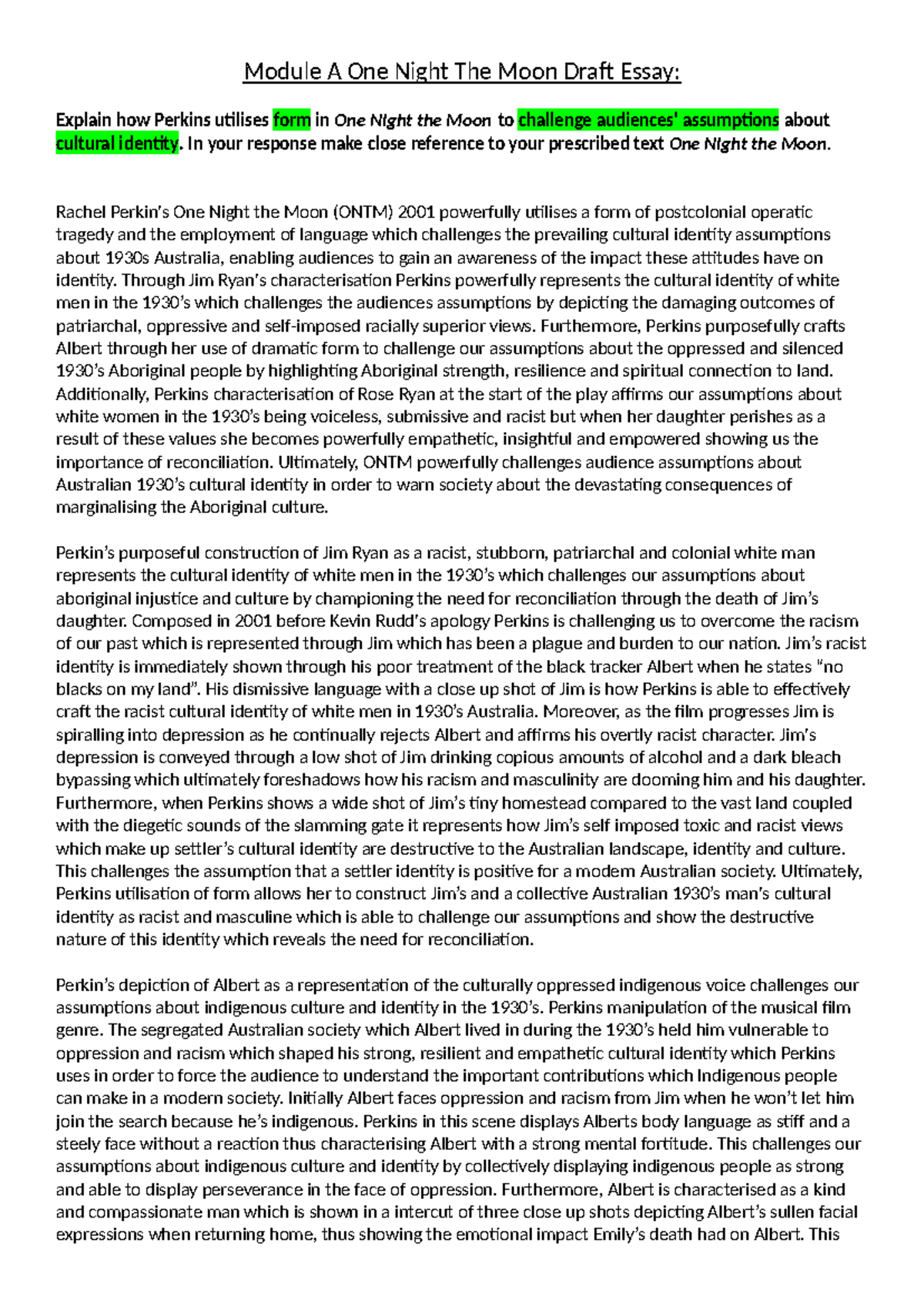 Module A One Night The Moon Draft Essay - Module A One Night The Moon ...