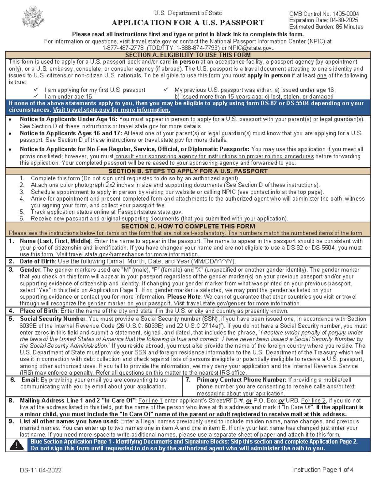 Ds11 - Outline - APPLICATION FOR A U. PASSPORT Please read all ...