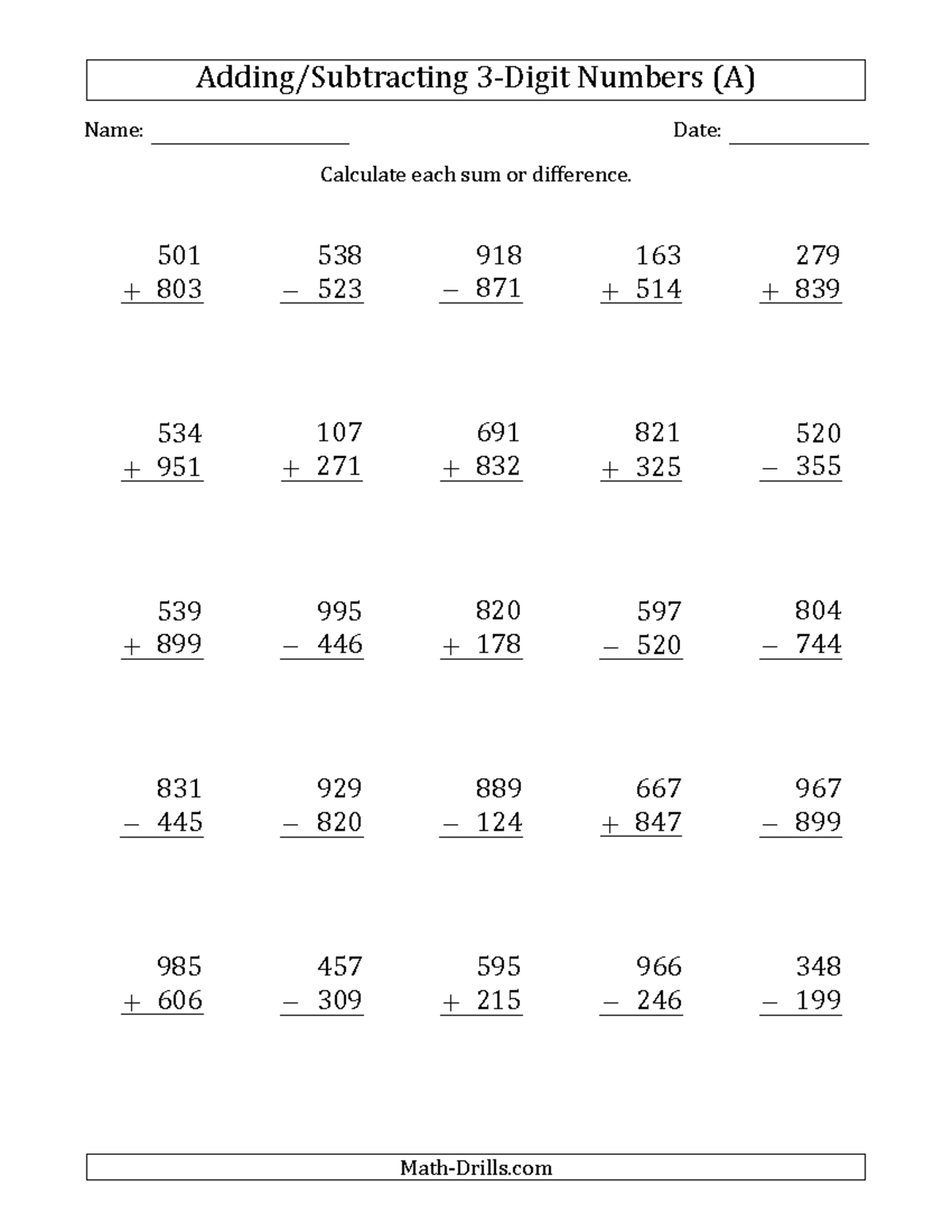 Mixed addition subtraction 3digit 3digit some regrouping 001 - Adding ...
