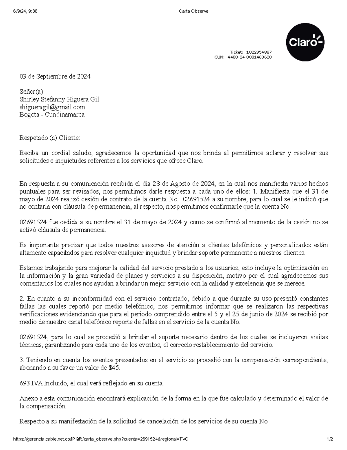 Carta Observe - .................. - Ticket: 1022954887 CUN: 4488-24 ...