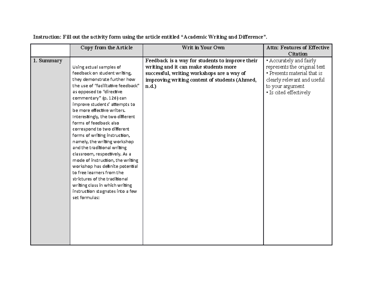 Activity - Instruction: Fill out the activity form using the article ...