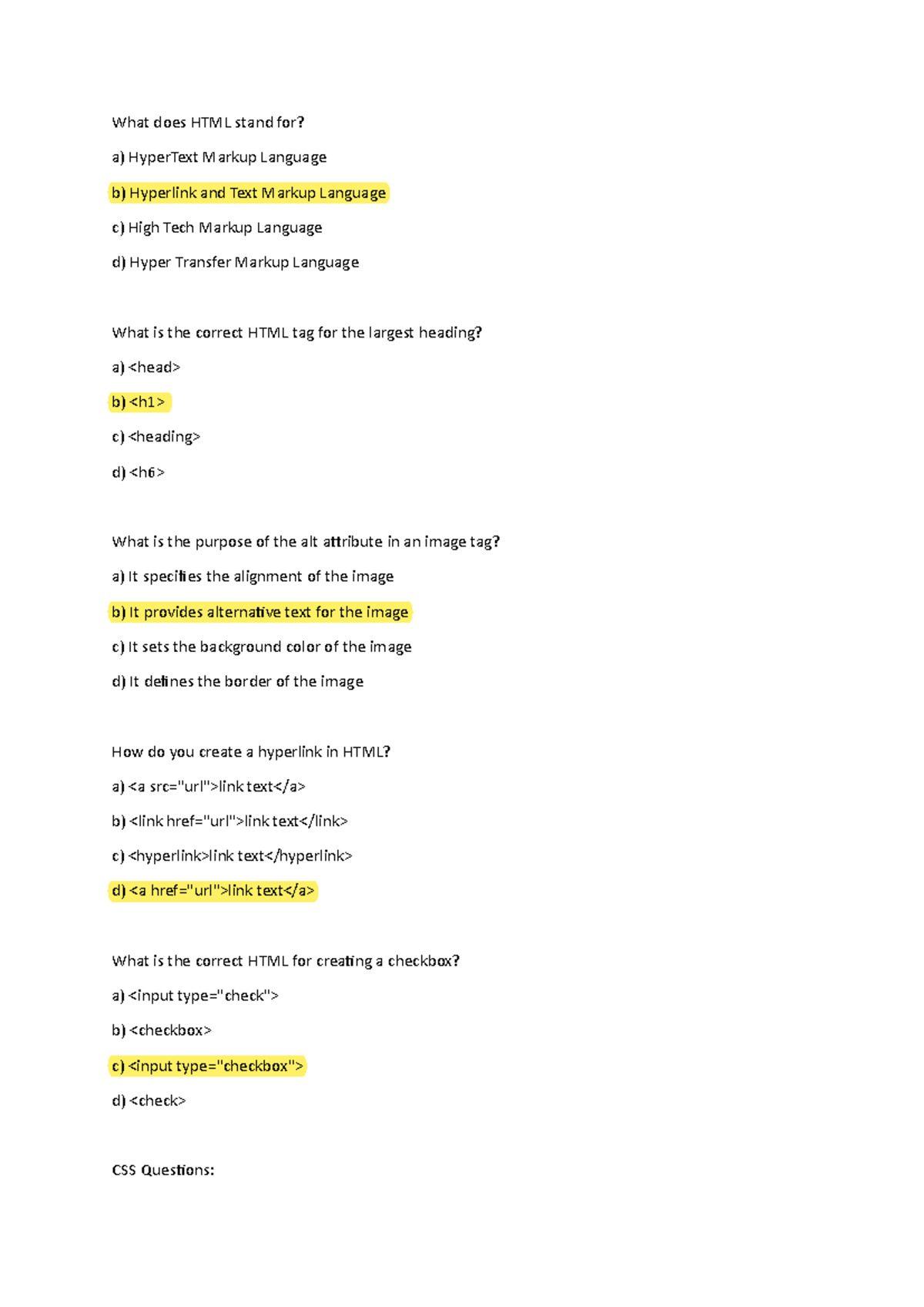Class qiuz with answer - What does HTML stand for? a) HyperText Markup ...