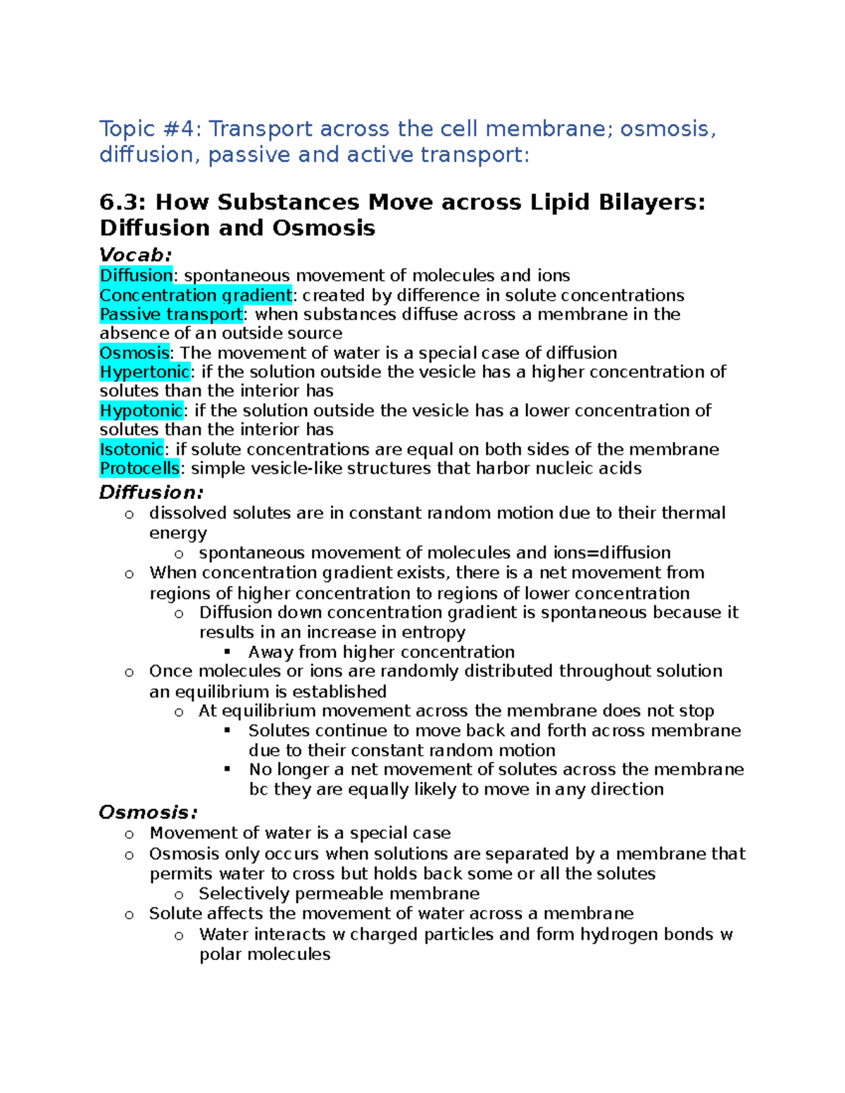 Biology Notes 6.4 - Topic #4: Transport across the cell membrane ...
