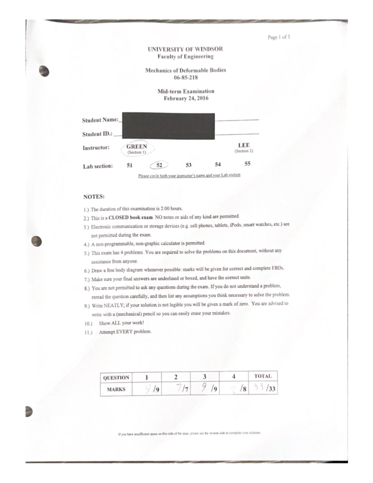 Midterm 2016 - exam - Page 1 of 5 UNIVERSITY OF WINDSOR Faculty of ...