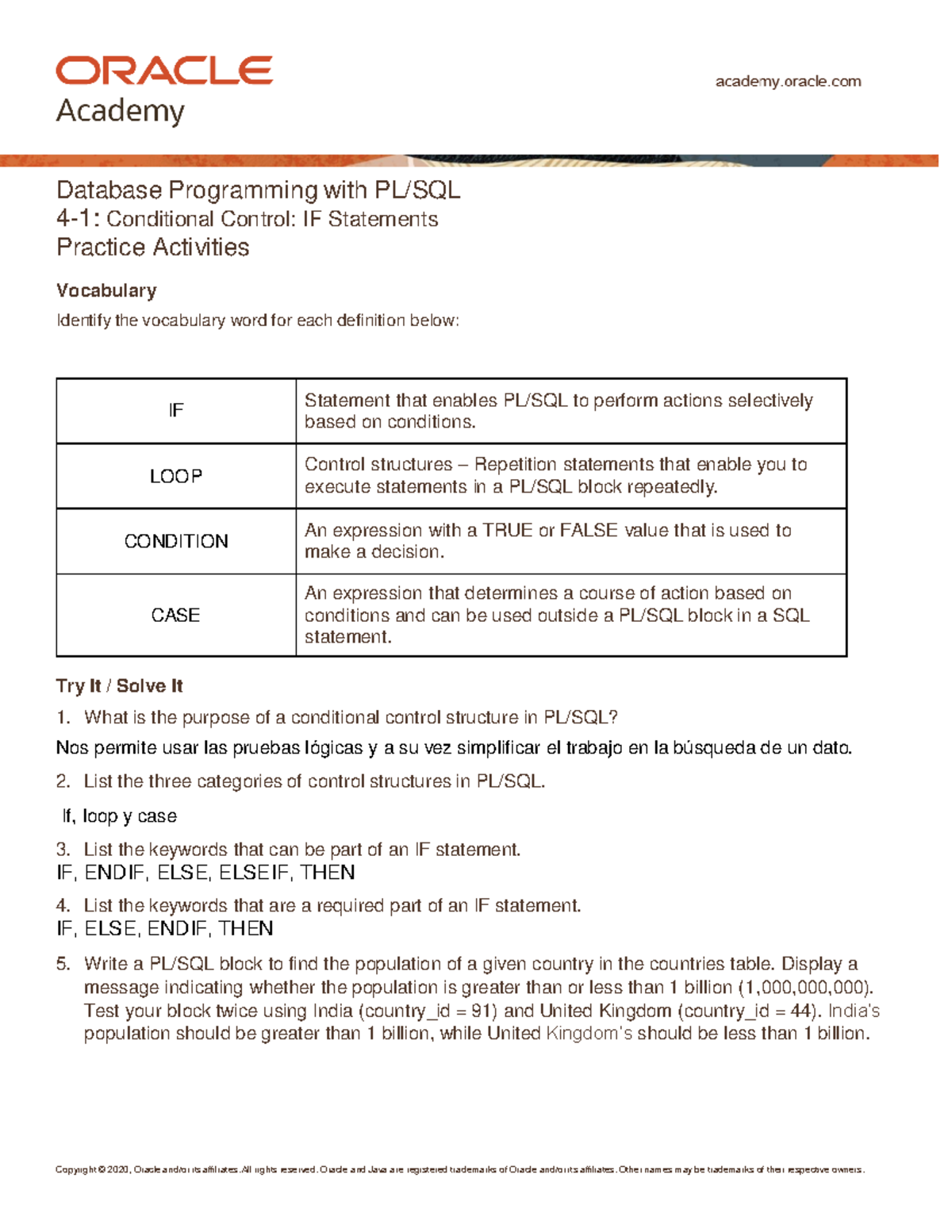 Plsql 4 1 Practice - Copyright © 2020, Oracle and/or its affiliates ...