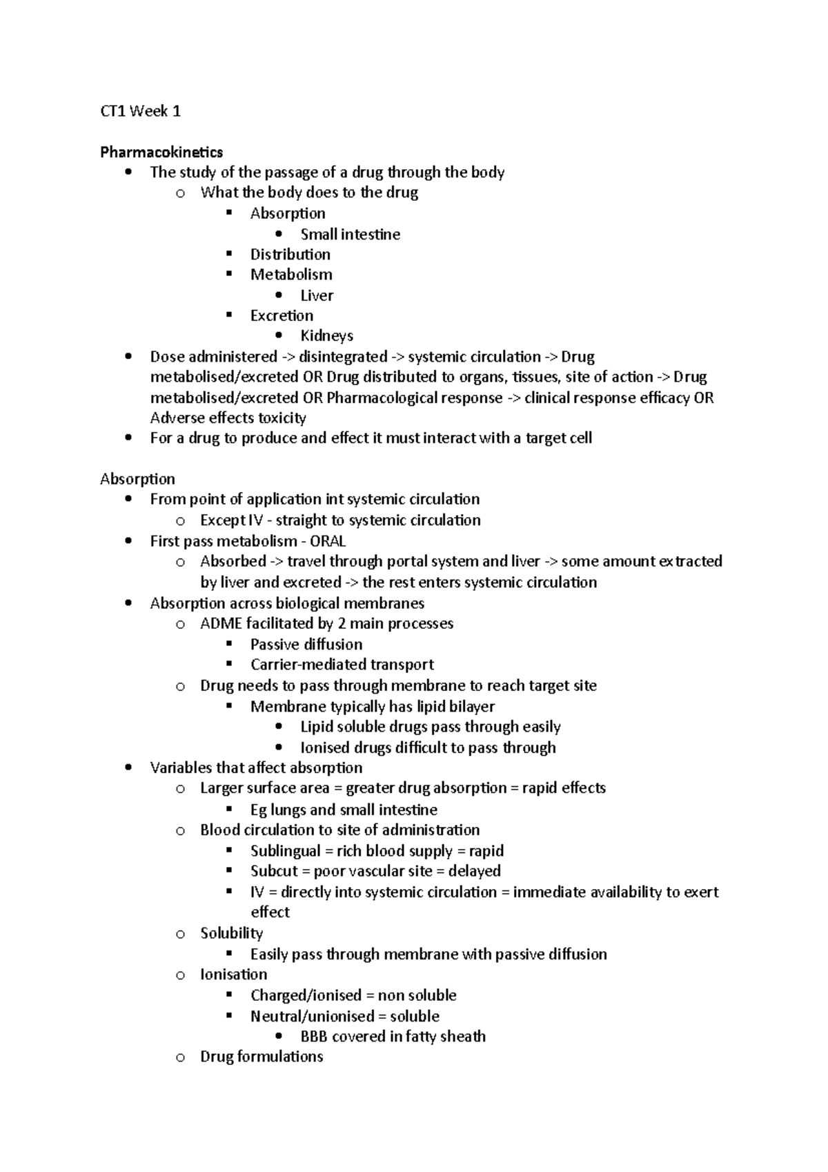 CT 1 Week 1 - CT1 week 1 lecture notes - CT1 Week 1 Pharmacokinetics ...
