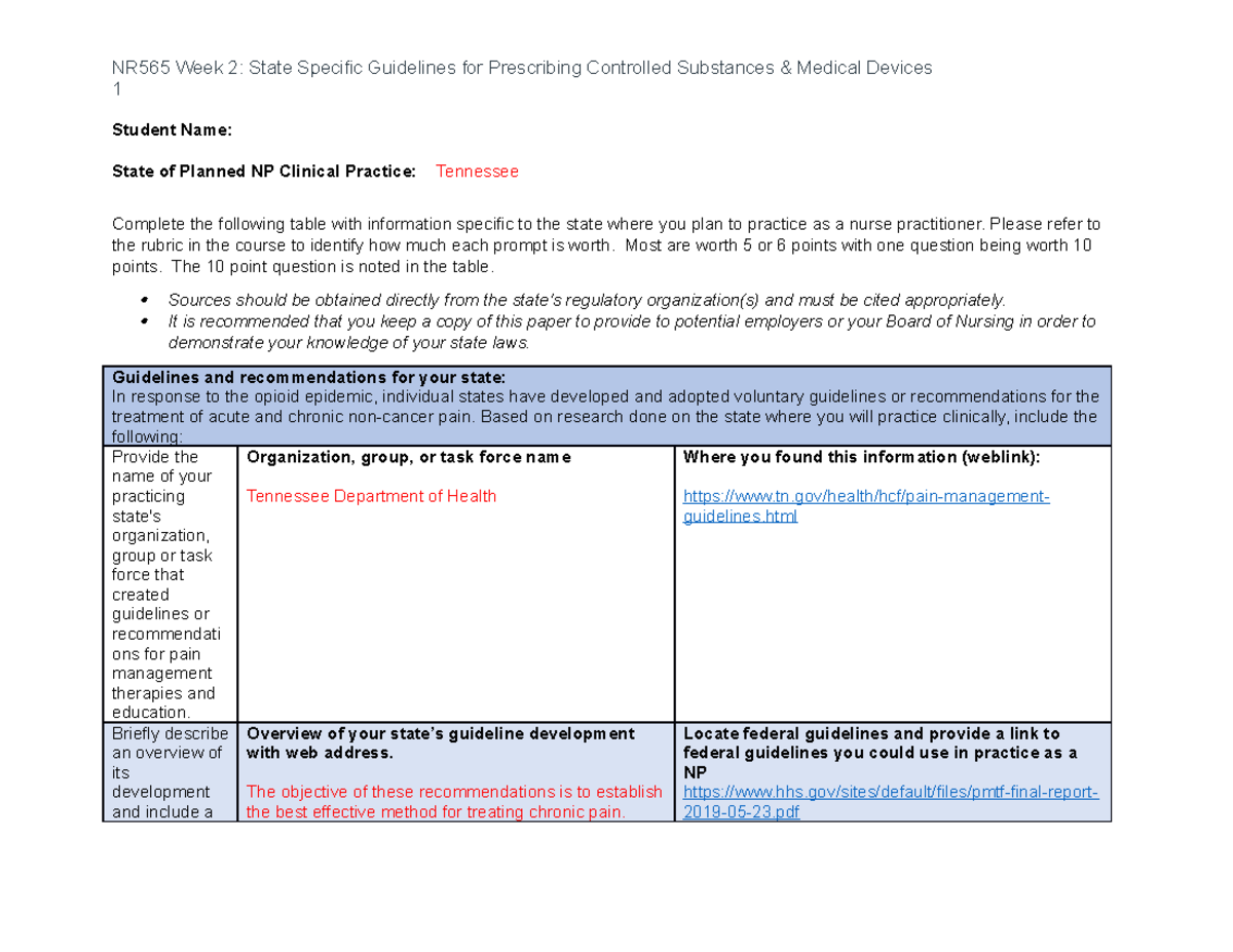 NR565 Week 2 State Specific Guidelines For Prescribing Controlled