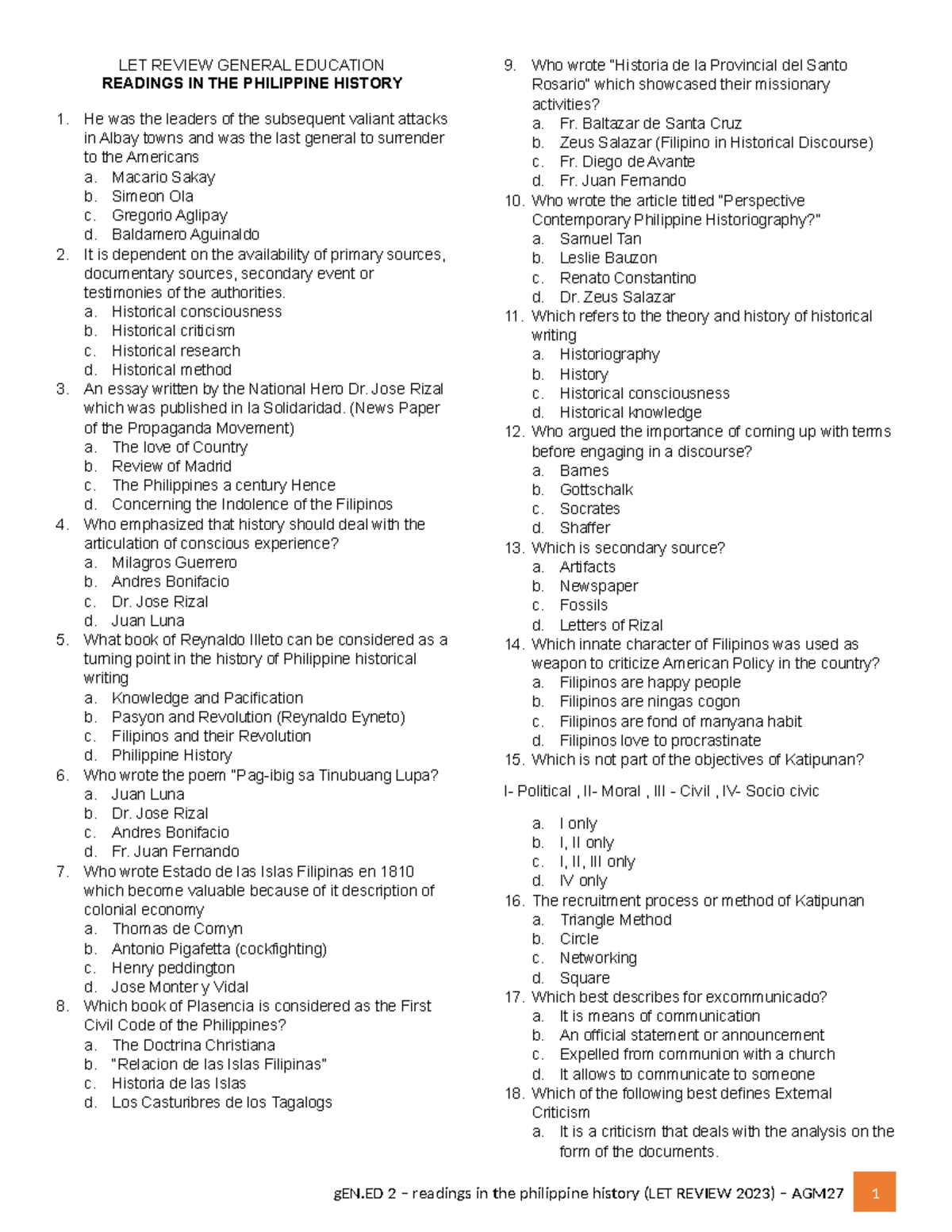 LET Review ( Readings IN THE PHIL. History) Questionnaire TO Print ...