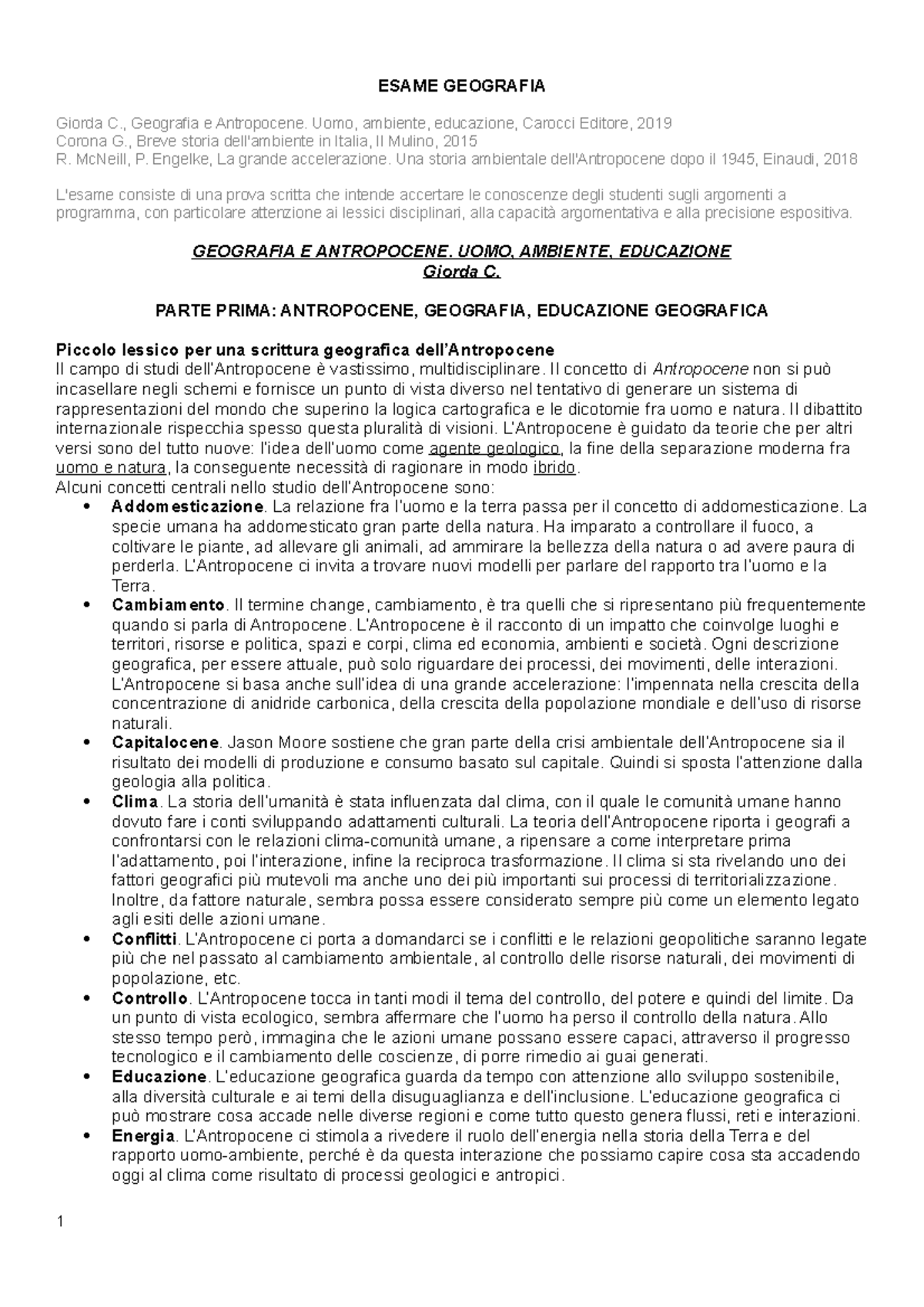 Geografia dell'ambiente - ESAME GEOGRAFIA Giorda C., Geografia e ...
