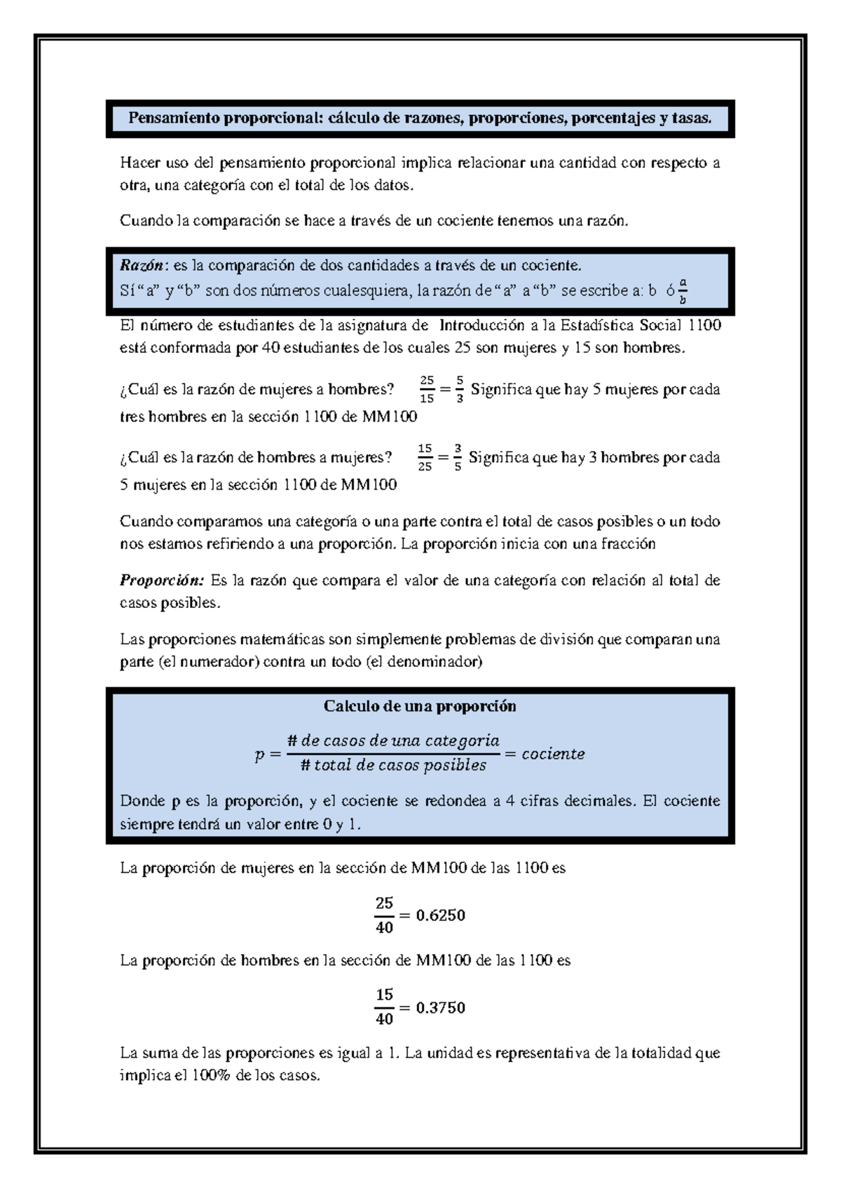 Tema 3 Pensamiento Proporcional Proporciones, porcentajes, razones y ...