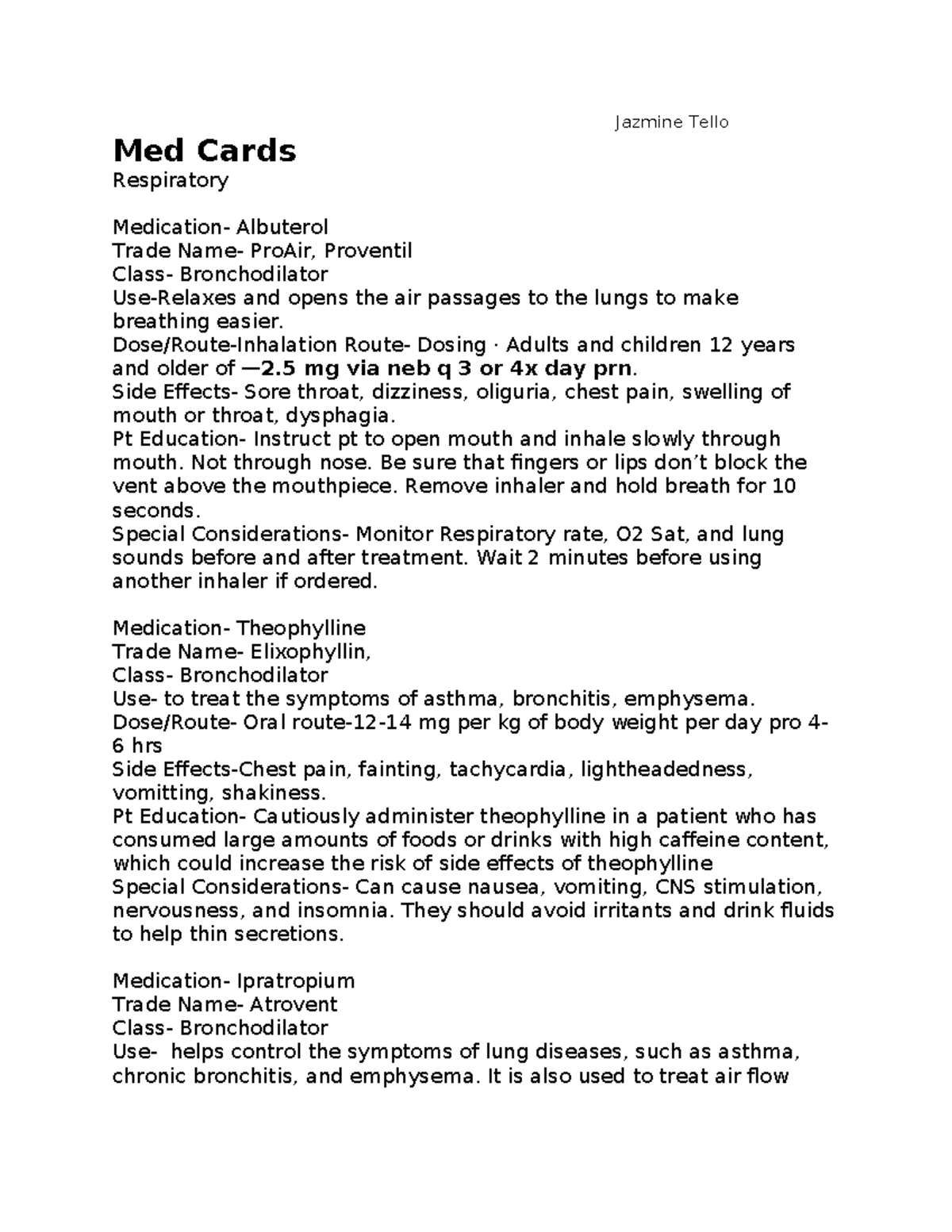 Resp Med Cards - Jazmine Tello Med Cards Respiratory Medication ...