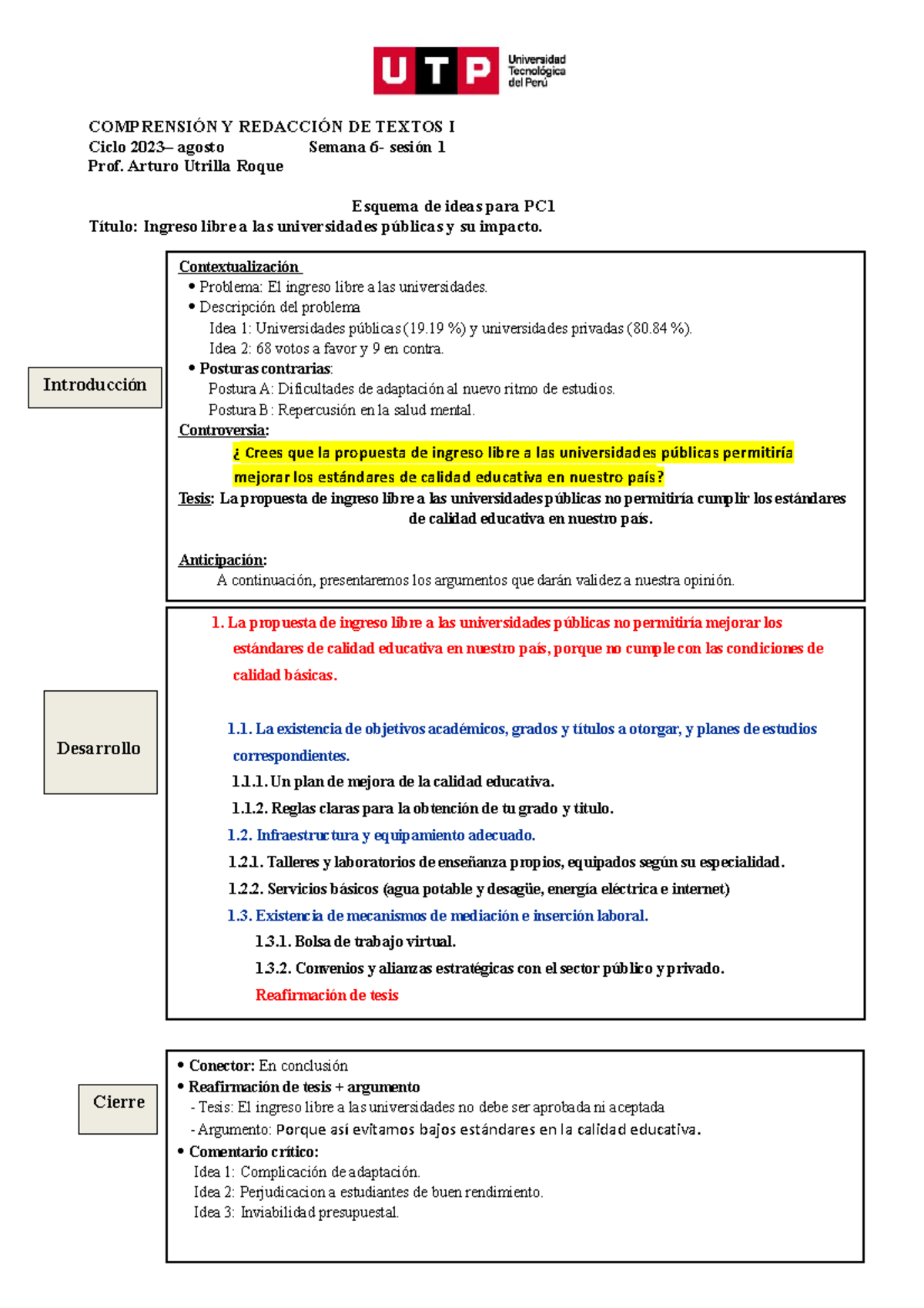 S06.s1-Esquema para PC1 (material) 2023 agosto - COMPRENSIÓN Y REDACCIÓN DE TEXTOS I Ciclo 2023 ...