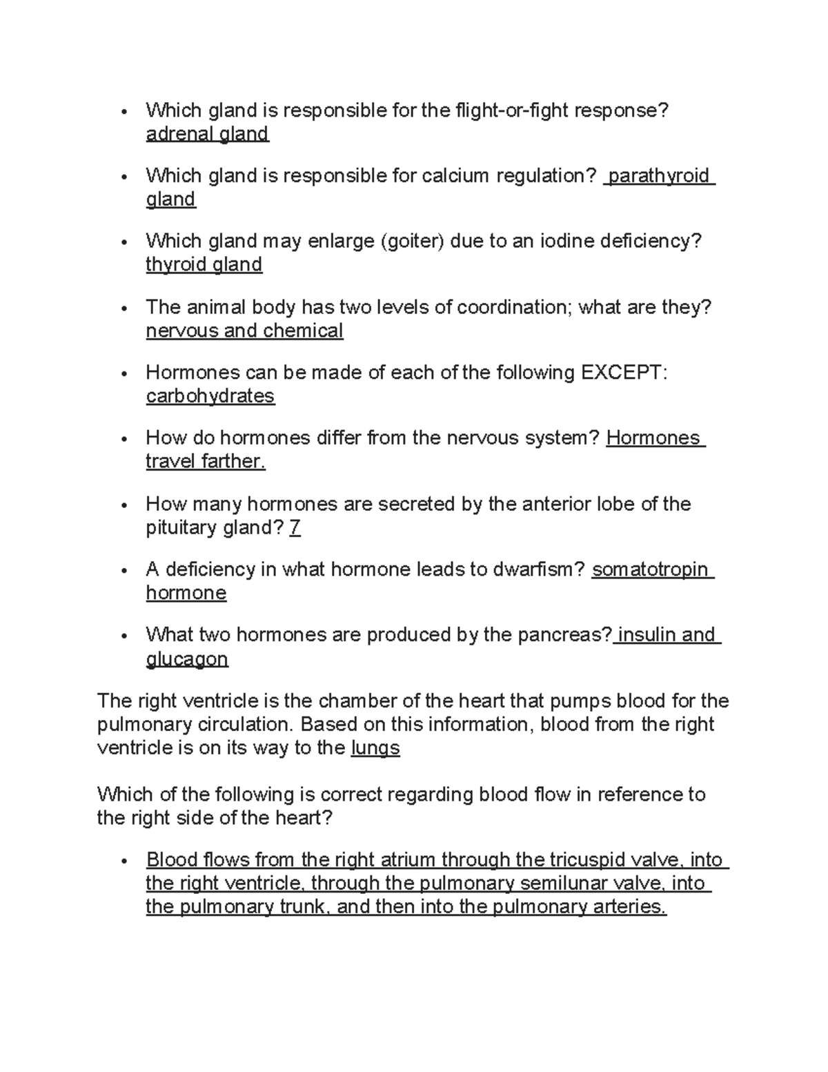 Study Questions and Answers for the Endocrine System and the Heart ...