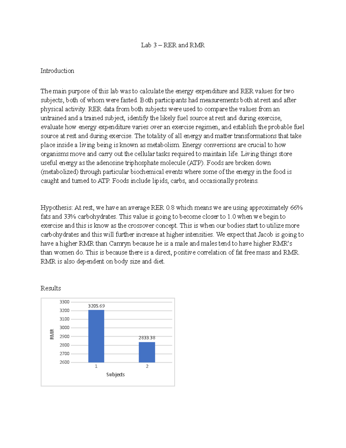 Lab 3 - 2022 - Lab 3 – RER and RMR Introduction The main purpose of ...