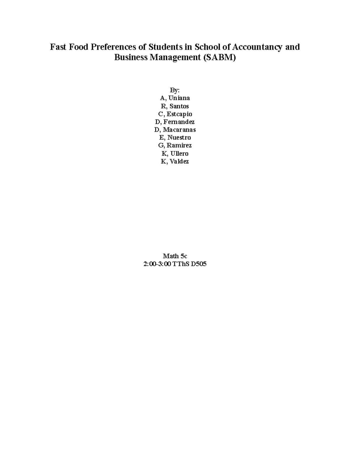 SLU MATH Research - Fast Food Preferences of Students in School of ...
