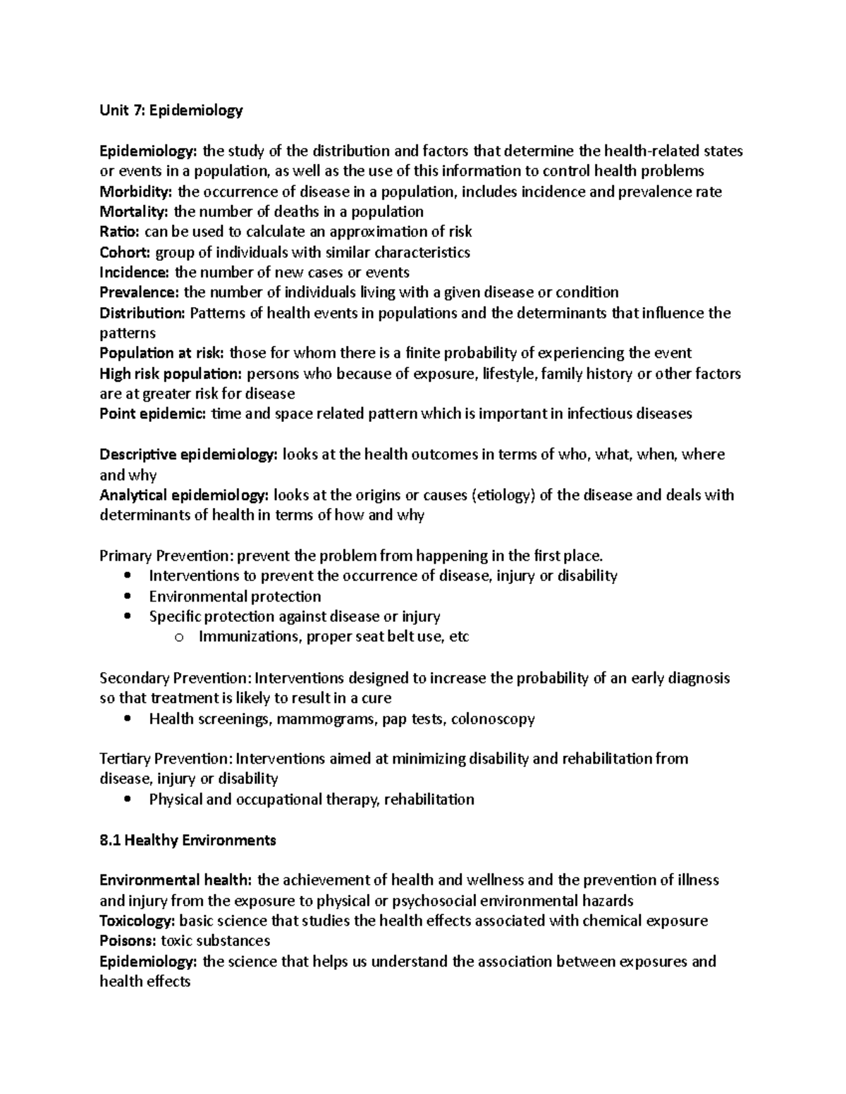 Unit 7 - notes and short summary - Unit 7: Epidemiology Epidemiology ...