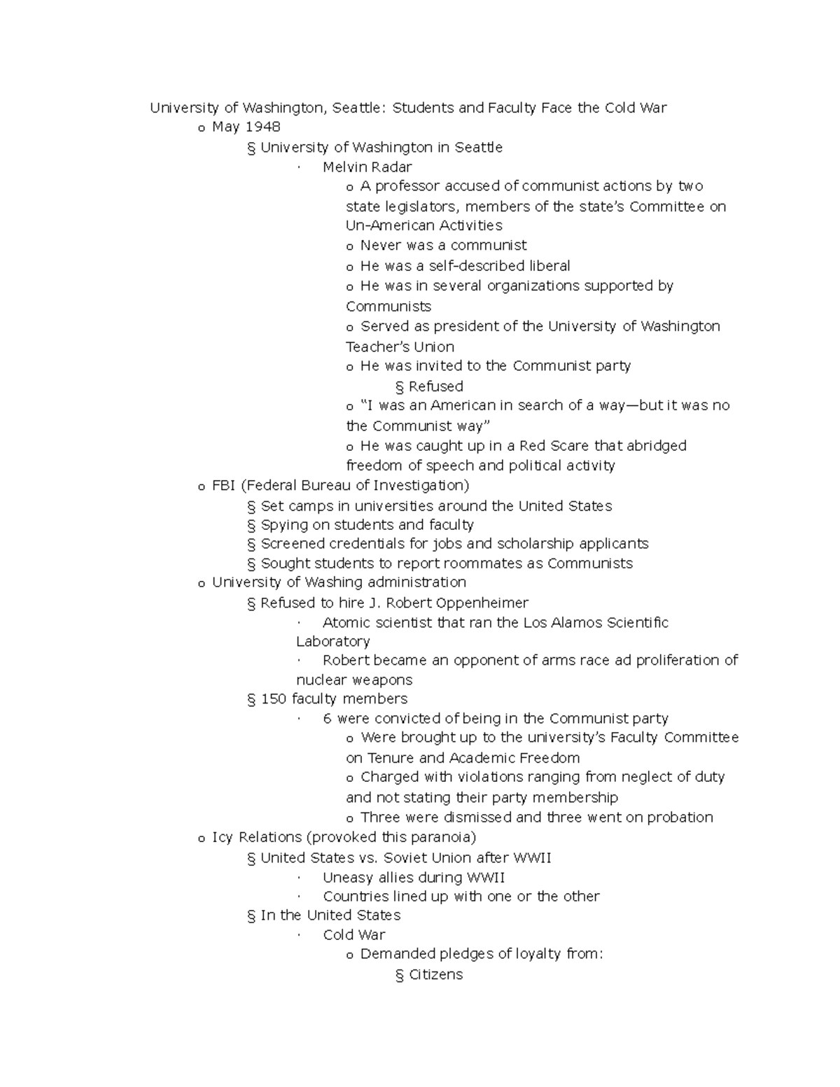 The Cold War - notes - University of Washington, Seattle: Students and ...
