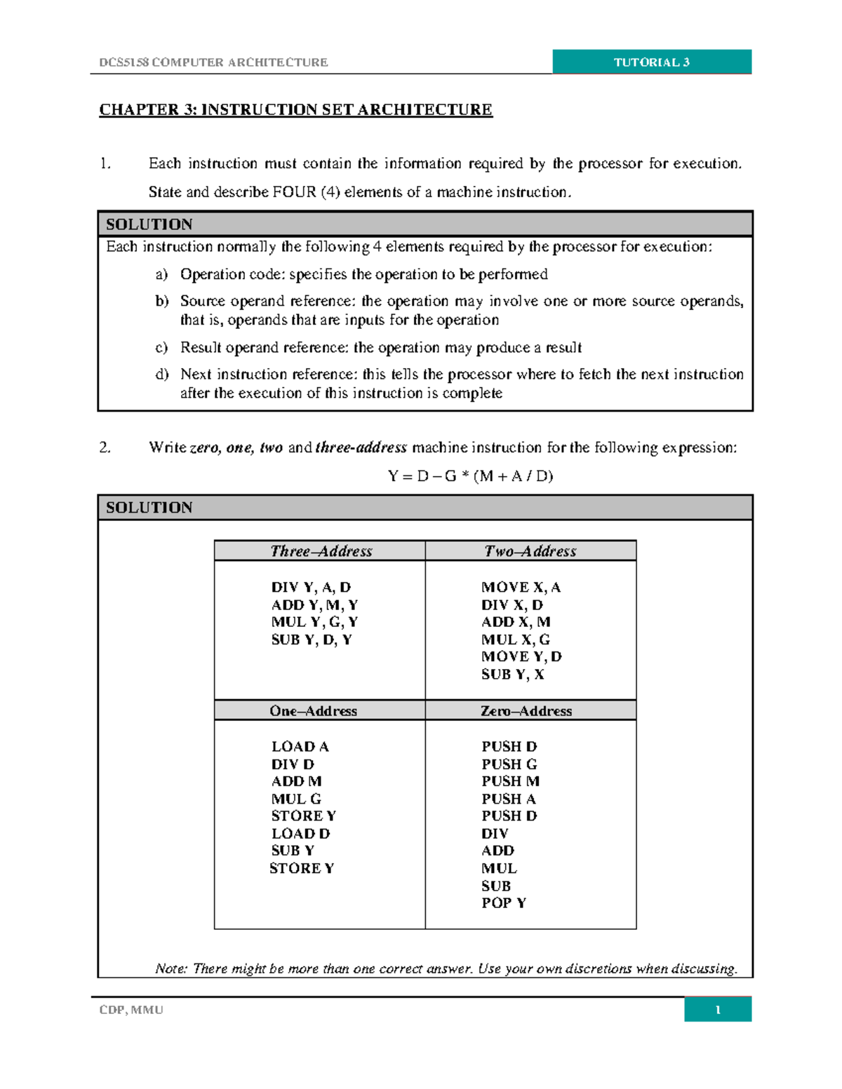 Tutorial 3 Sol Dcs5158 Computer Architecture Tutorial 3 Chapter 3 Instruction Set