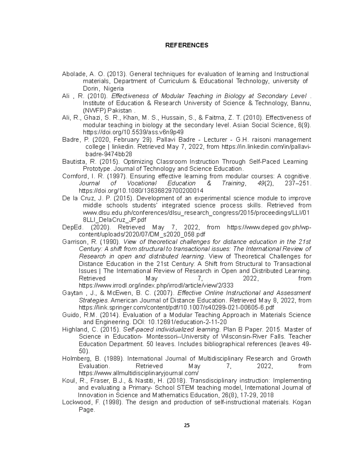 Appendices - REFERENCES Abolade, A. O. (2013). General techniques for evaluation of learning and ...