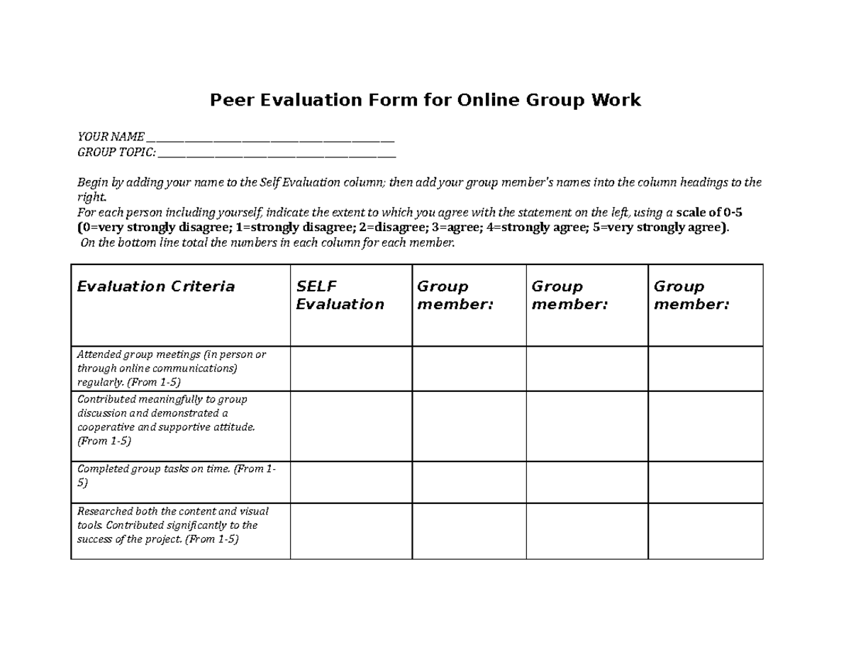 Peer Self Evaluation Online form - Peer Evaluation Form for Online ...