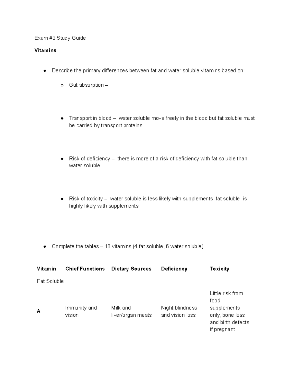 NTDT200 exam 3 - Exam #3 Study Guide Vitamins Describe the primary differences between fat and ...