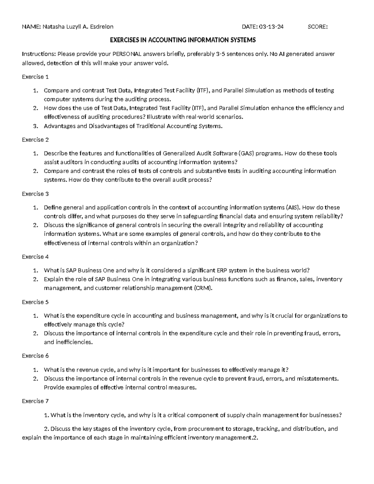 Esdrelon - Prelim and Midterm Exercises - NAME: Natasha Luzyll A. Esdrelon DATE: 03-13-24 SCORE ...