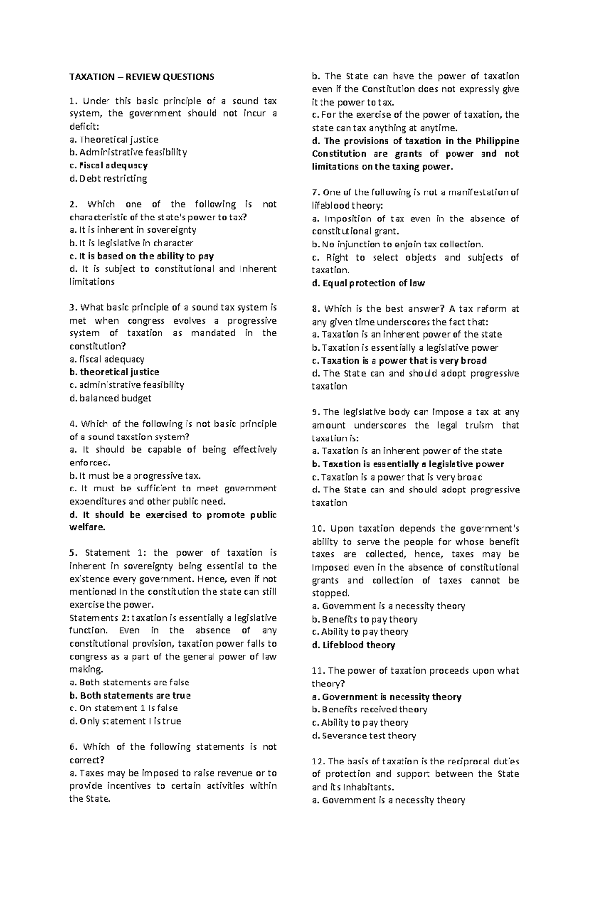 Taxation - Review Questions - TAXATION – REVIEW QUESTIONS Under this ...