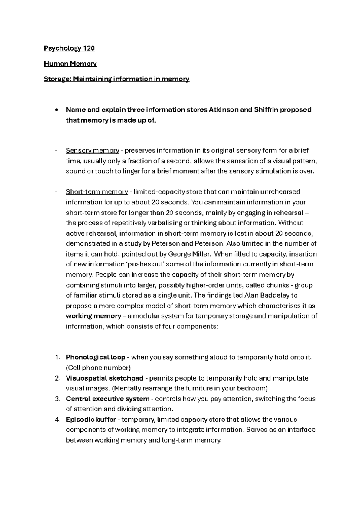 Human Memory - Storage - Psychology 120 Human Memory Storage ...