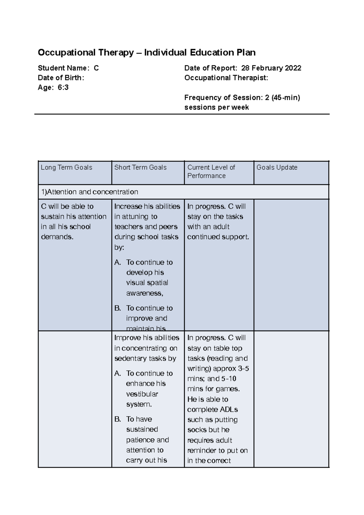 IEP OT template - Occupational Therapy – Individual Education Plan ...