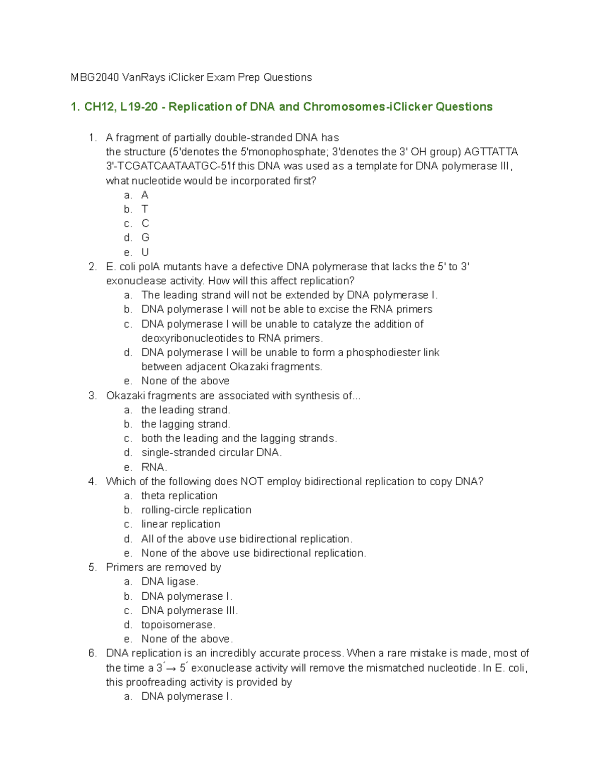 MBG2040 Van Rays i Clicker Exam Prep Questions - CH12, L19-20 ...
