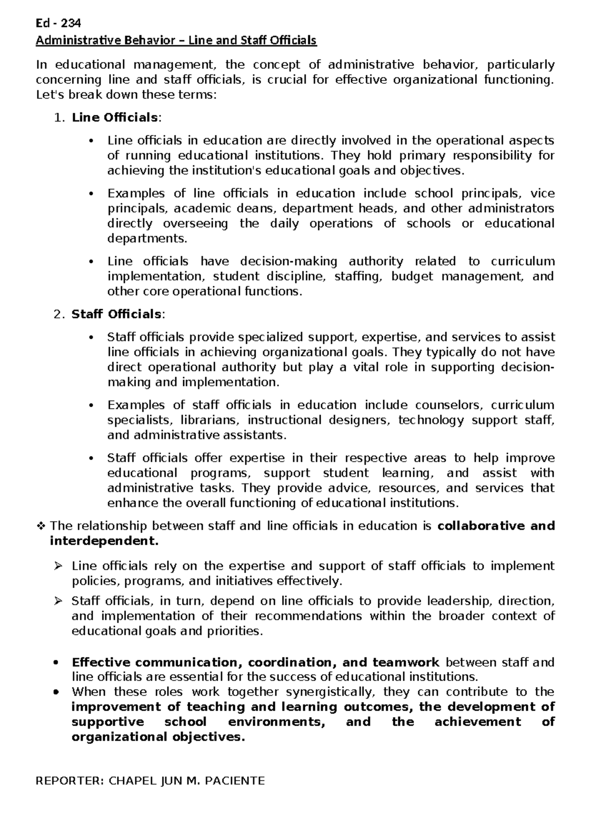 ED 234 Chapel - Lecture Notes - Ed - 234 Administrative Behavior – Line ...