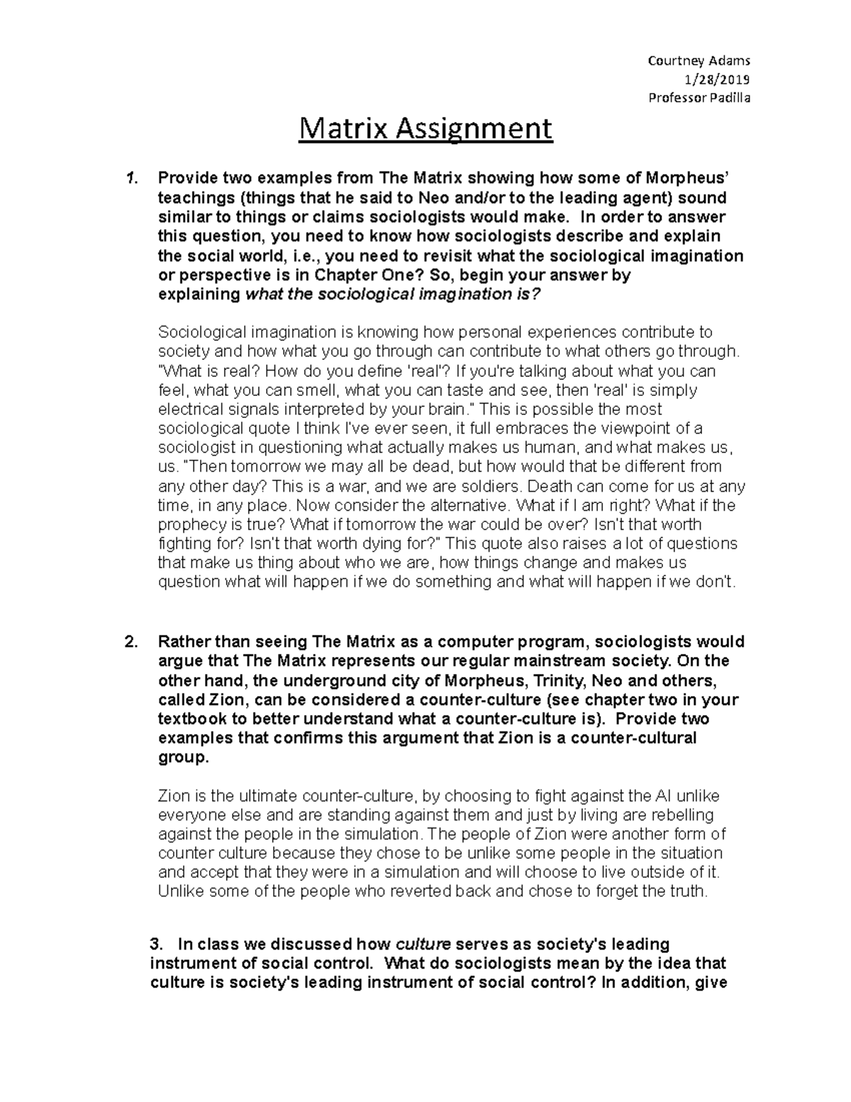 Assignment No. I The Matrix - Courtney Adams 1/28/ Professor Padilla ...
