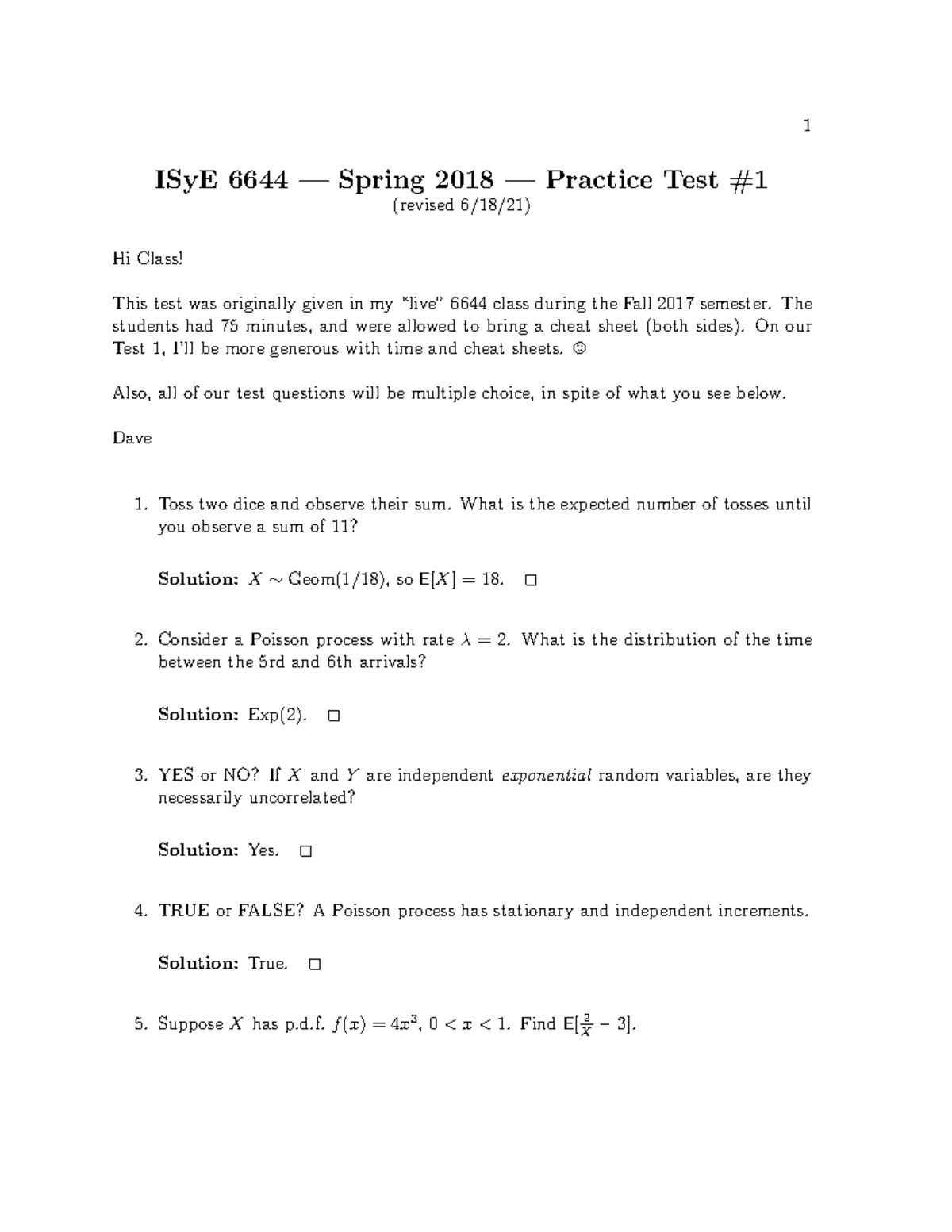 T1 2018 S Practice Solns Isye 6644 — Spring 2018 — Practice Test Revised 61821 Hi Class 