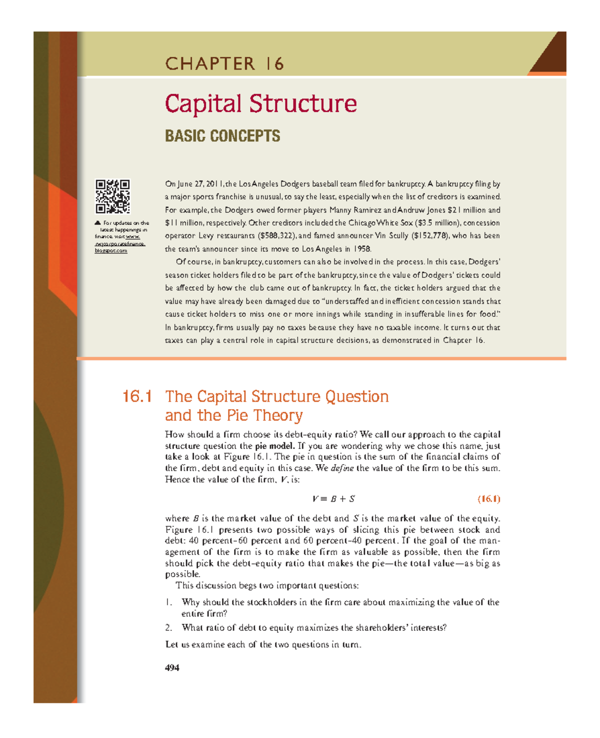 Chapter 16-Capital Structure Basic Concepts - 494 CHAPTER 16 Capital Structure BASIC CONCEPTS On ...