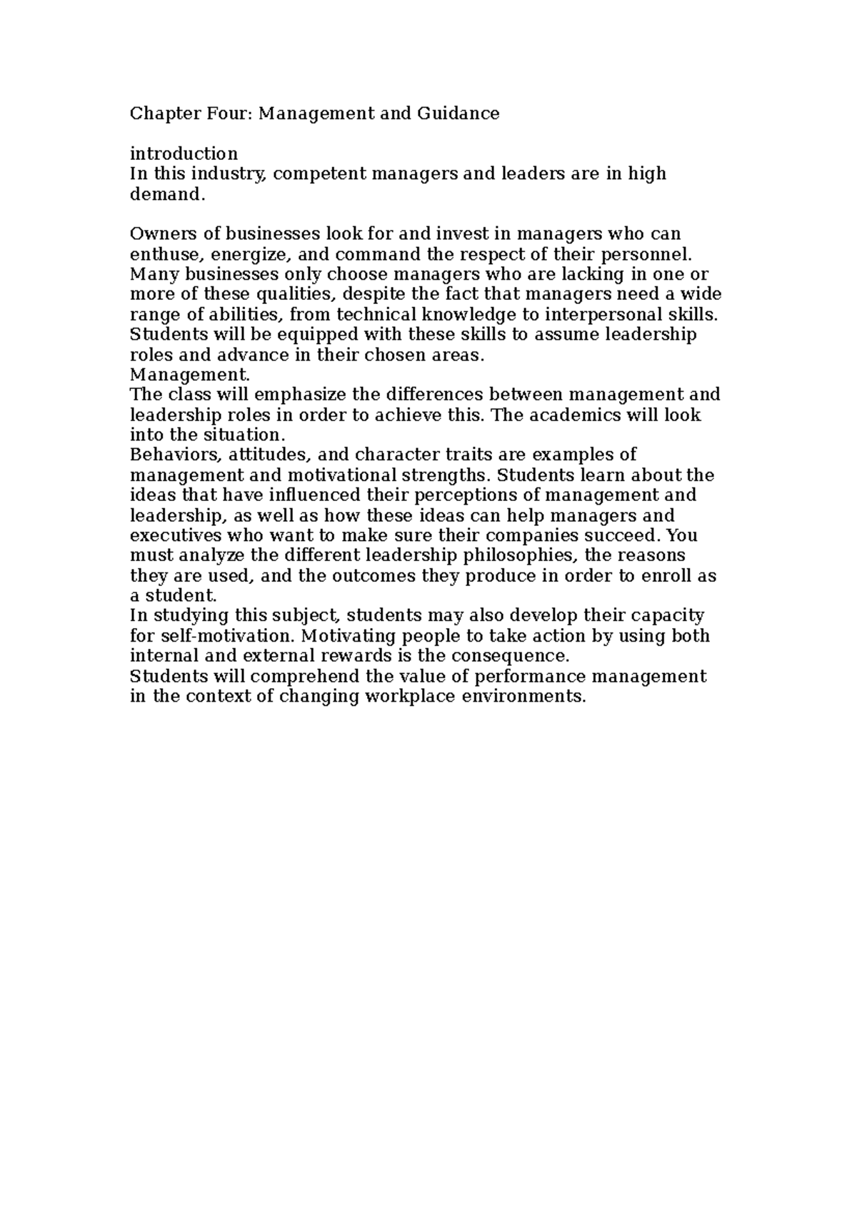 8 - notes - Chapter Four: Management and Guidance introduction In this ...