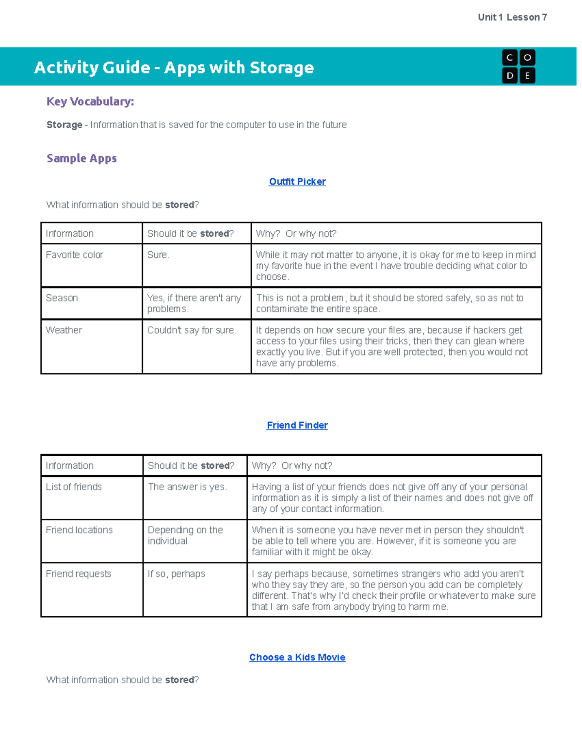 CSD Activity Guide Storage - Unit 1 Lesson 7 Activity Guide - Apps with Storage Key Vocabulary ...