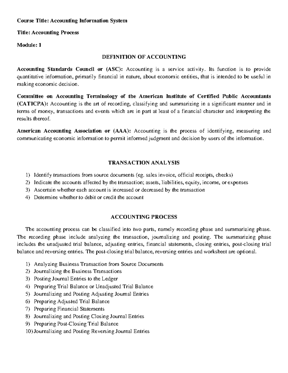 Accounting Information System: Accounting Process - Course Title ...