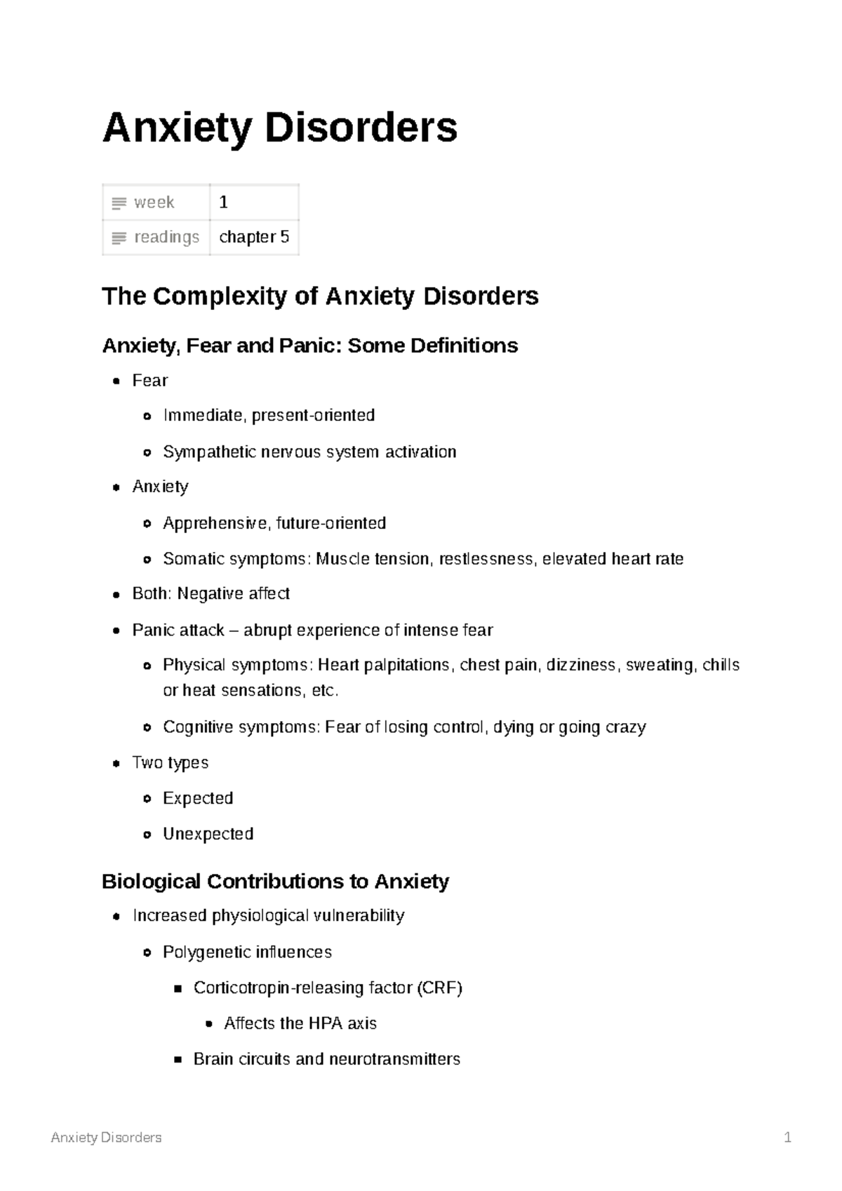 Psychology 314 Week 1 Notes Anxiety Disorders - psychology 314 - SUN ...