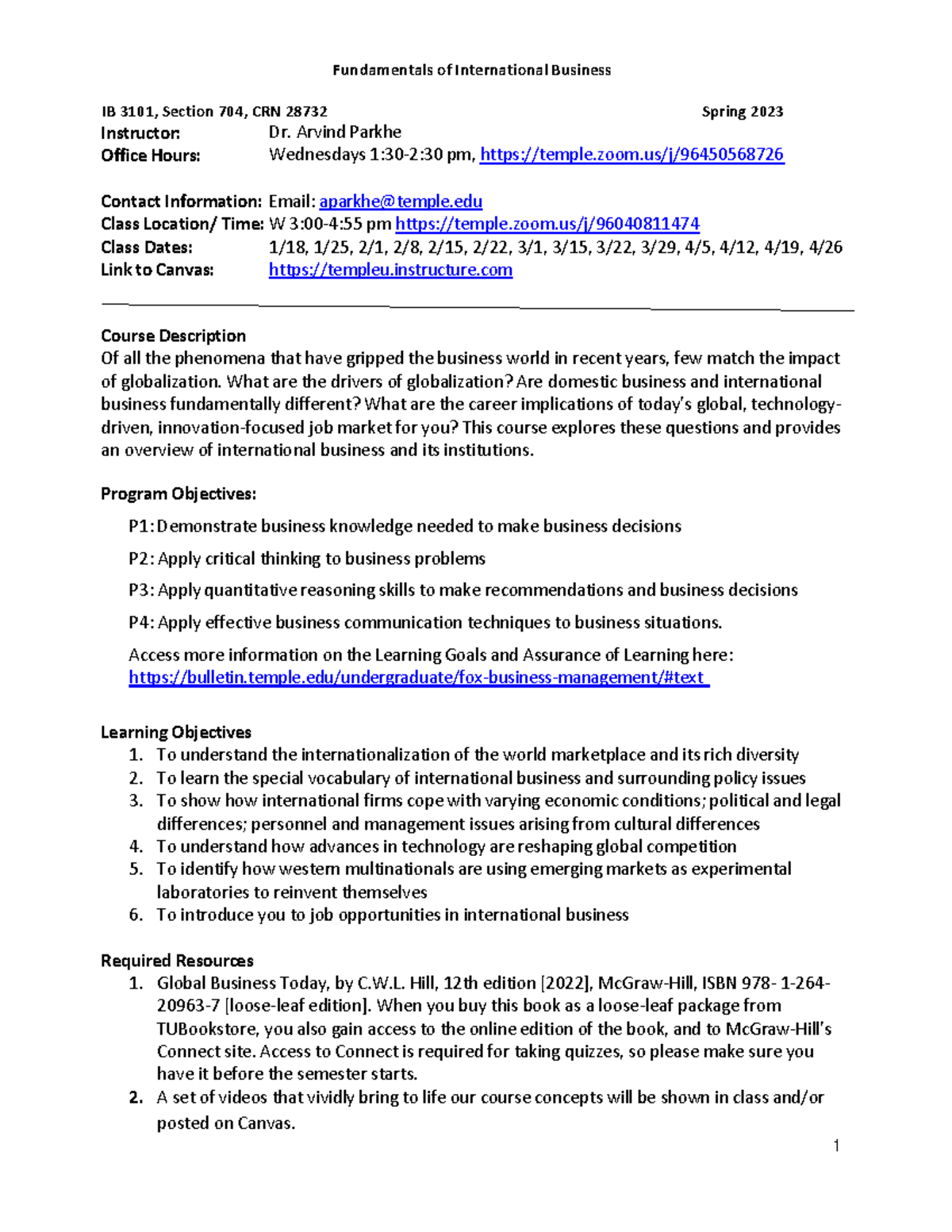IB 3101.704 Spring 2023 Syllabus - IB 3101, Section 704, CRN 28732 Spring 2023 Instructor ...