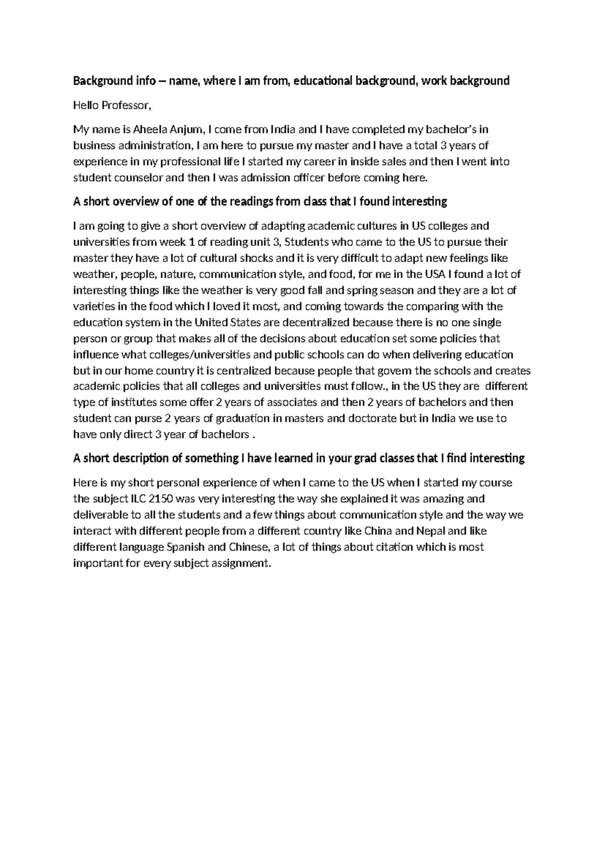 Extra credit assignment 1 ILC Aheela Anjum - Background info - name ...