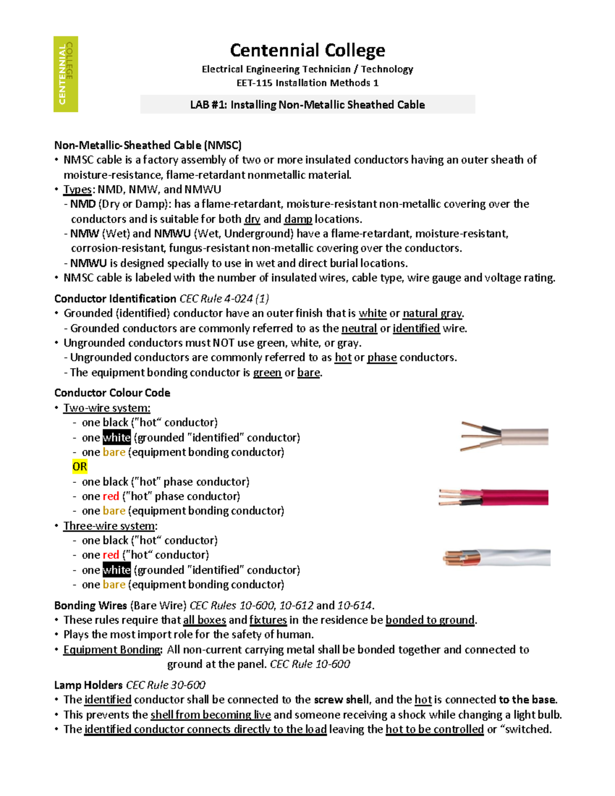 Lab 1 - Terminating Non-Metallic Sheathed Cable - Centennial College ...